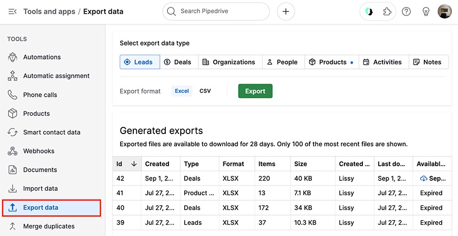 Exporting data from Pipedrive - Knowledge Base | Pipedrive